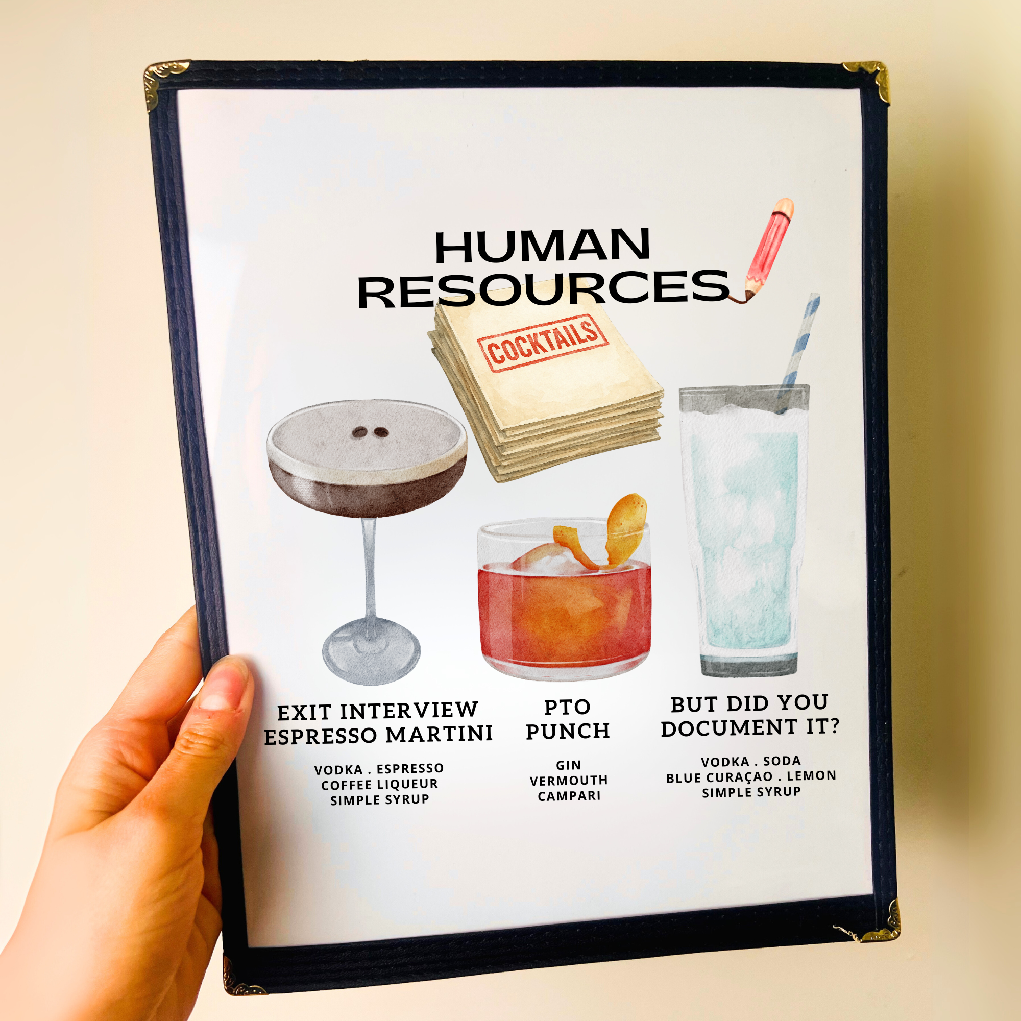 Human Resources Cocktails Restaurant Menu Print – Boozy Boards by Morgan